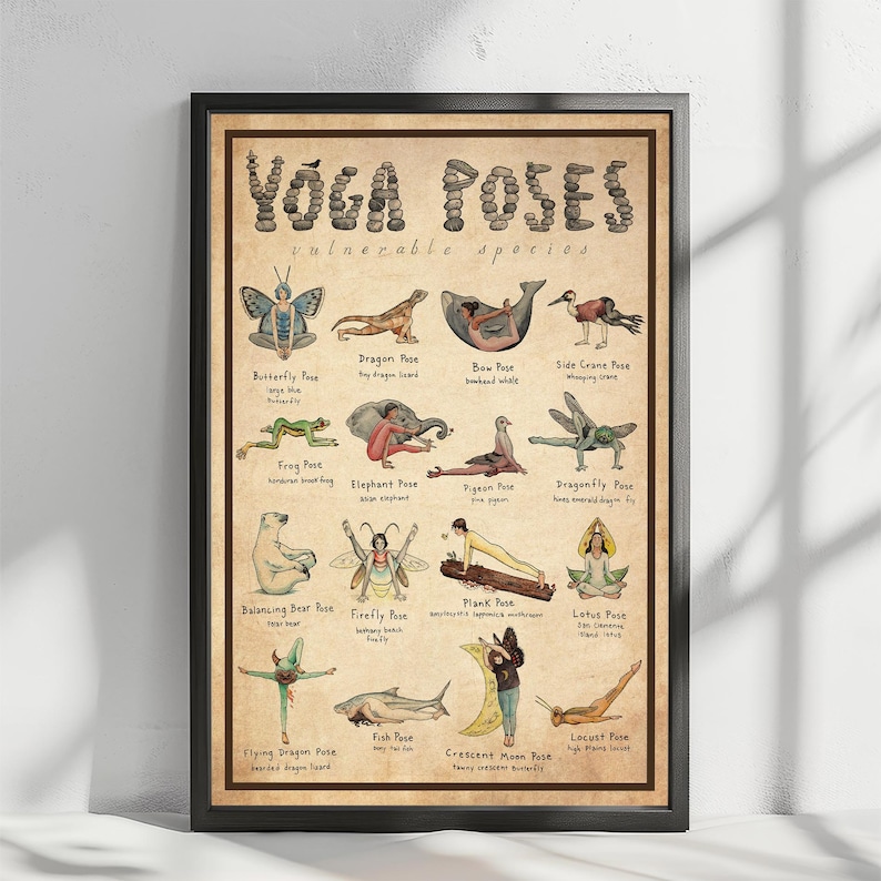 Yoga Poses Art Print Vintage Yoga With Animal Illustration Yoga Gift ...