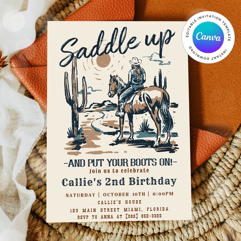 Editable Cowgirl Birthday Party Invitation Western Birthday Etsy