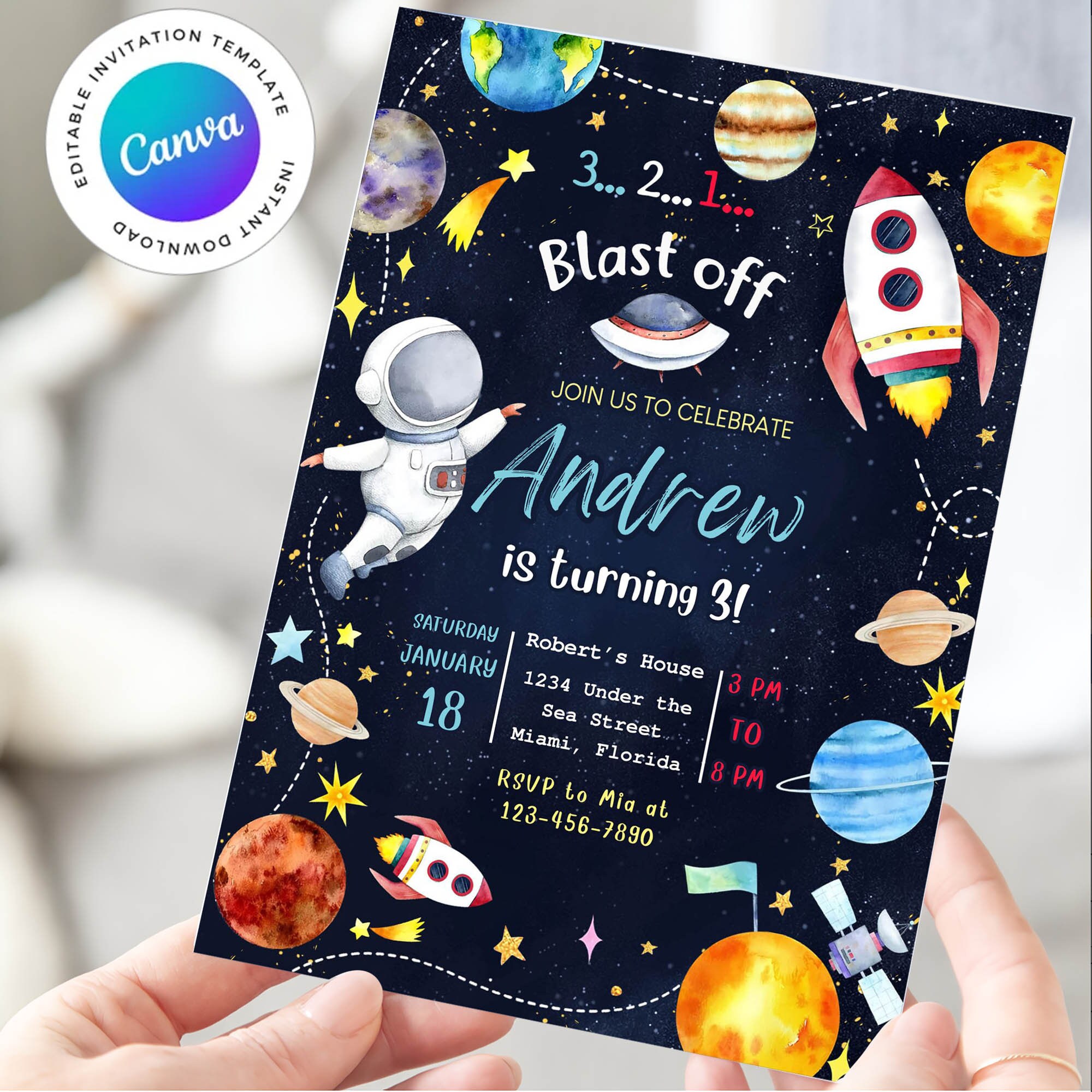 Outer Space Birthday Invitation Template, Planets Rocket Ship Astronaut ...