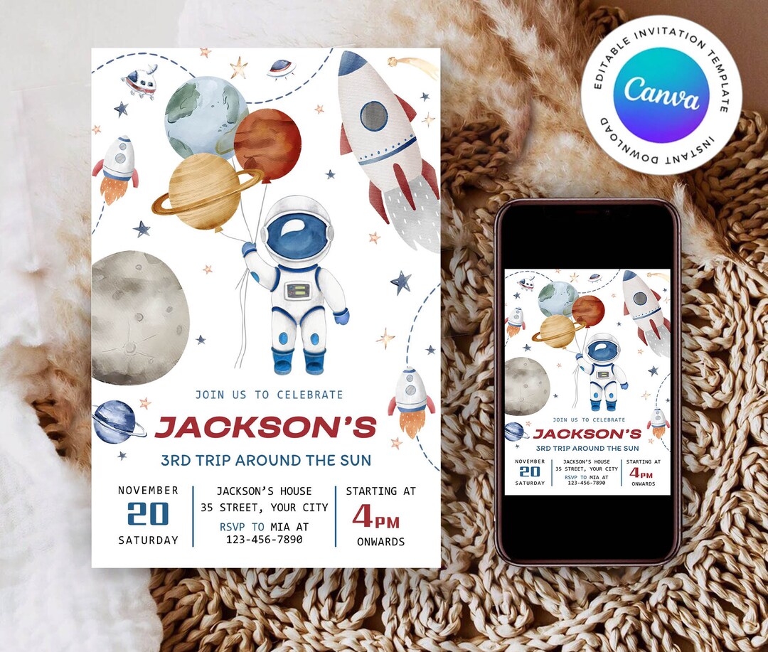Editable Outer Space Birthday Invitation Template, Galaxy Blast off ...