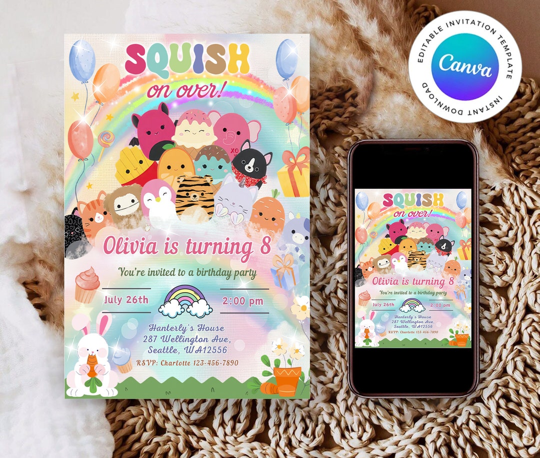 Squish Printable Birthday Invitation, Girl Birthday Invite, Squish ...