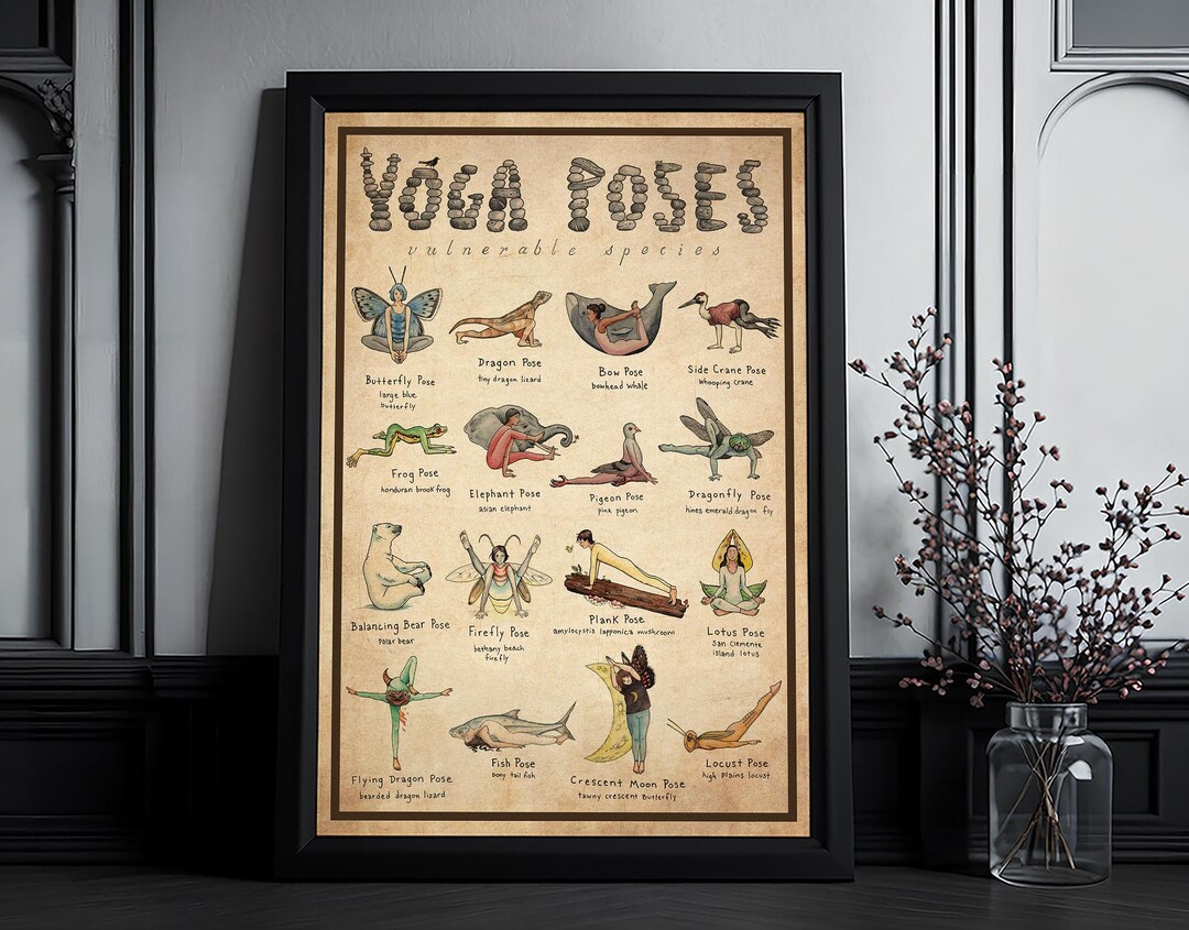 Yoga Poses Art Print Vintage Yoga With Animal Illustration Yoga Gift ...