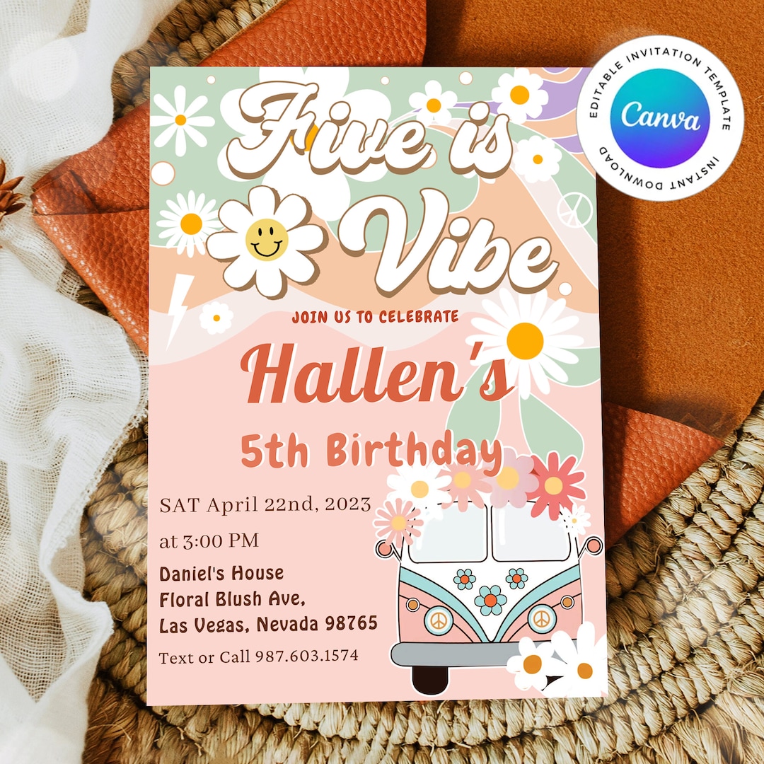 Daisy Smiley Face Five is A Vibe Birthday Invite, Editable Five ...