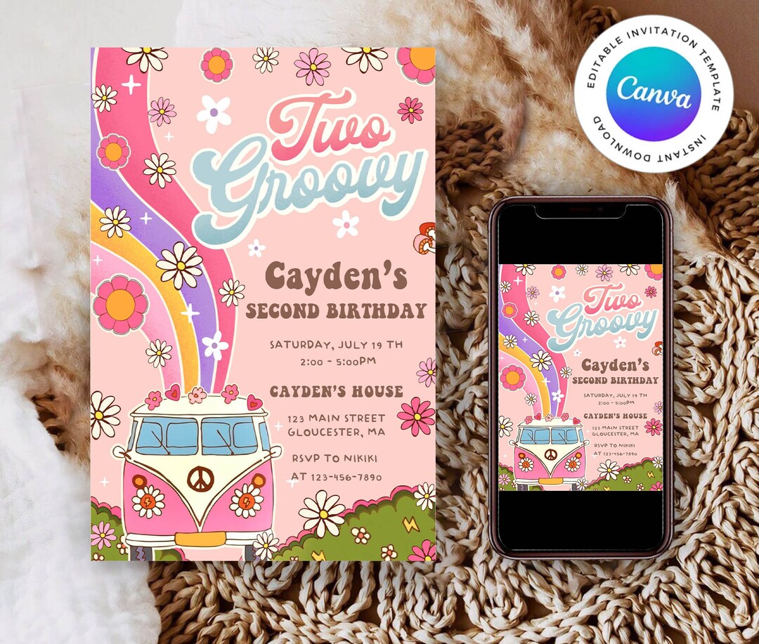 Editable TWO Groovy Girl Pink Peach Van Daisy Rainbow Groovy 2nd ...