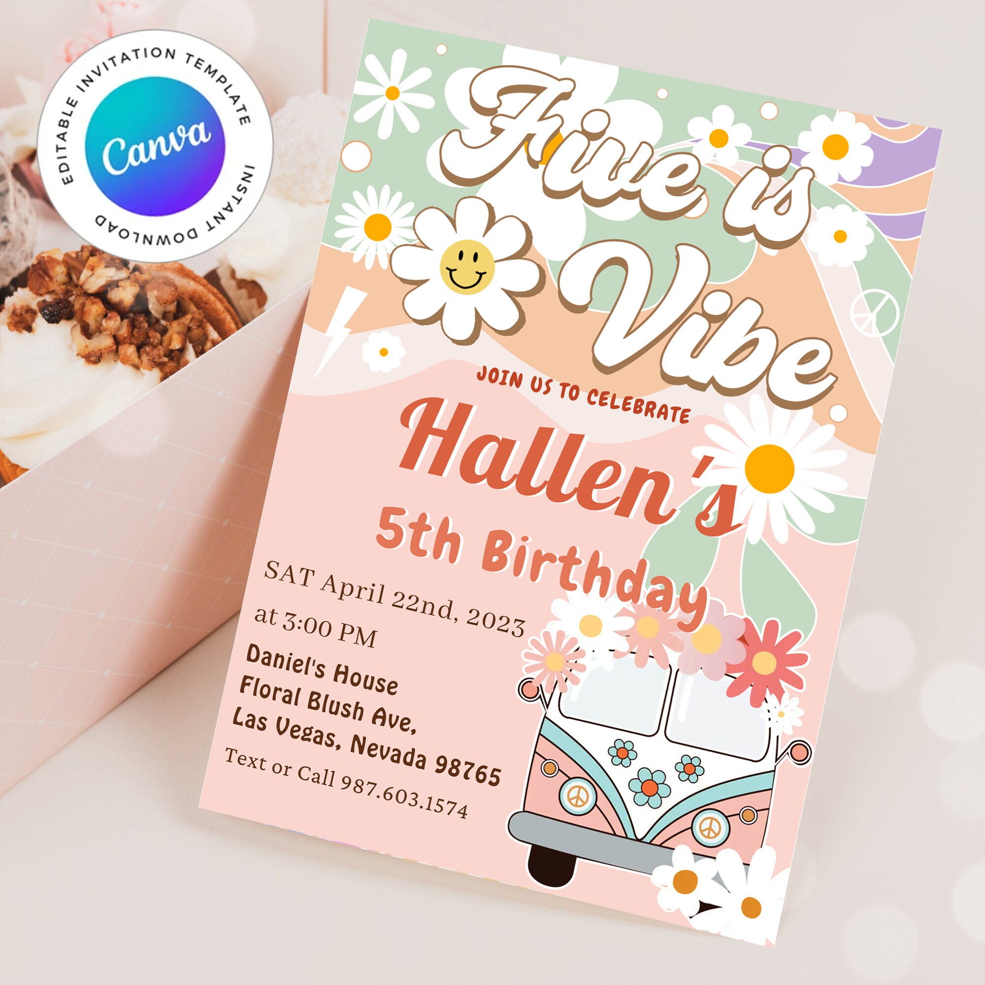 Daisy Smiley Face Five is A Vibe Birthday Invite, Editable Five ...