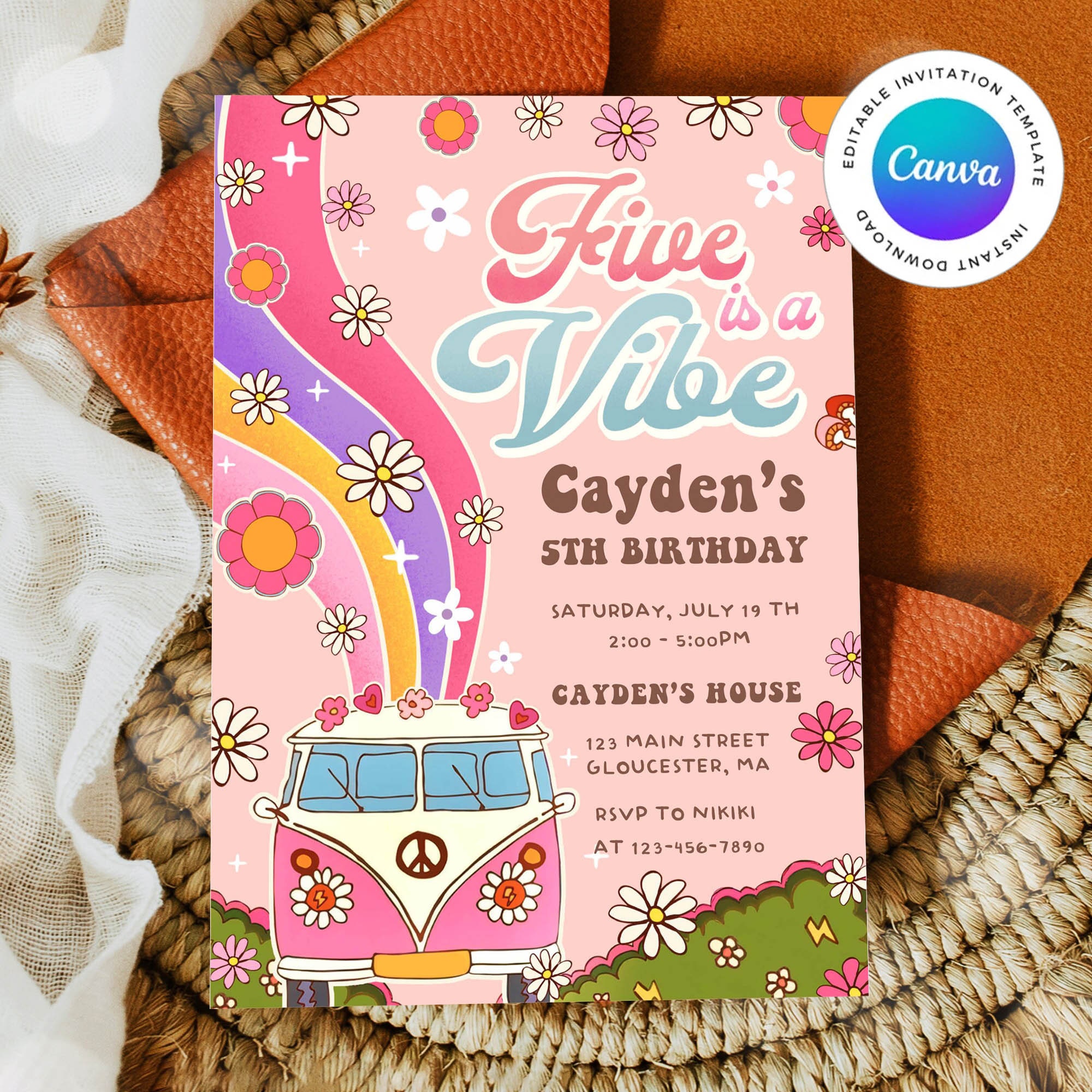 Editable Groovy 5th Birthday Invite Pink Daisy Rainbow Van Birthday ...