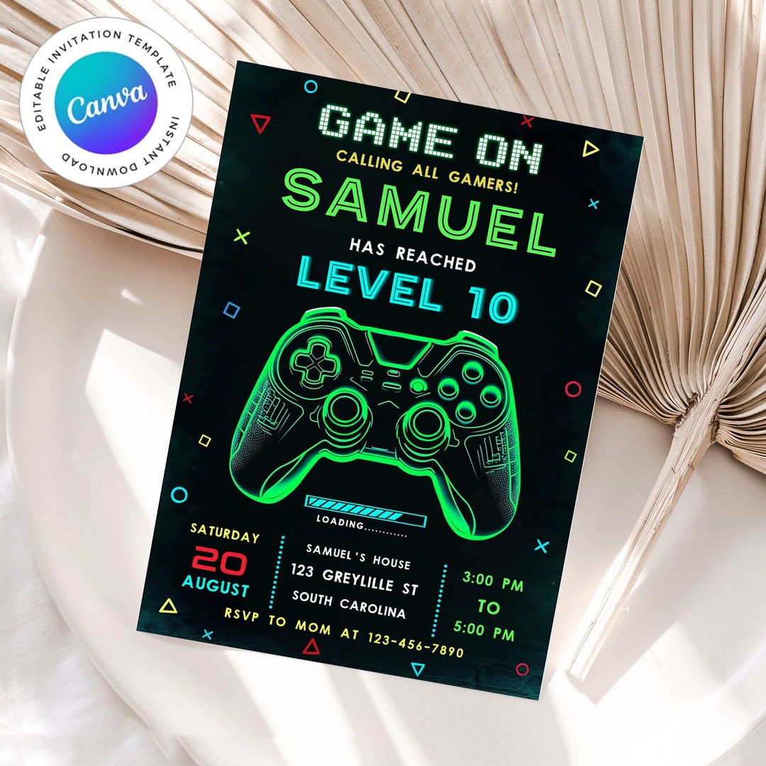 EDITABLE Video Game Party Invitation, Gamer Boy Birthday Invite, Green ...