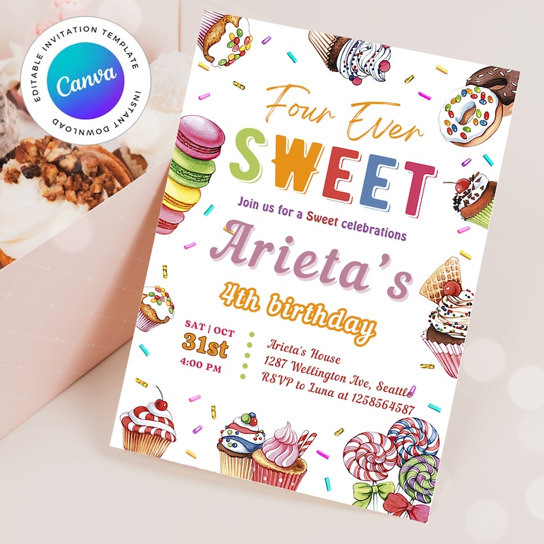 Four Ever Sweet Birthday Invitation Dessert Themed Birthday - Etsy