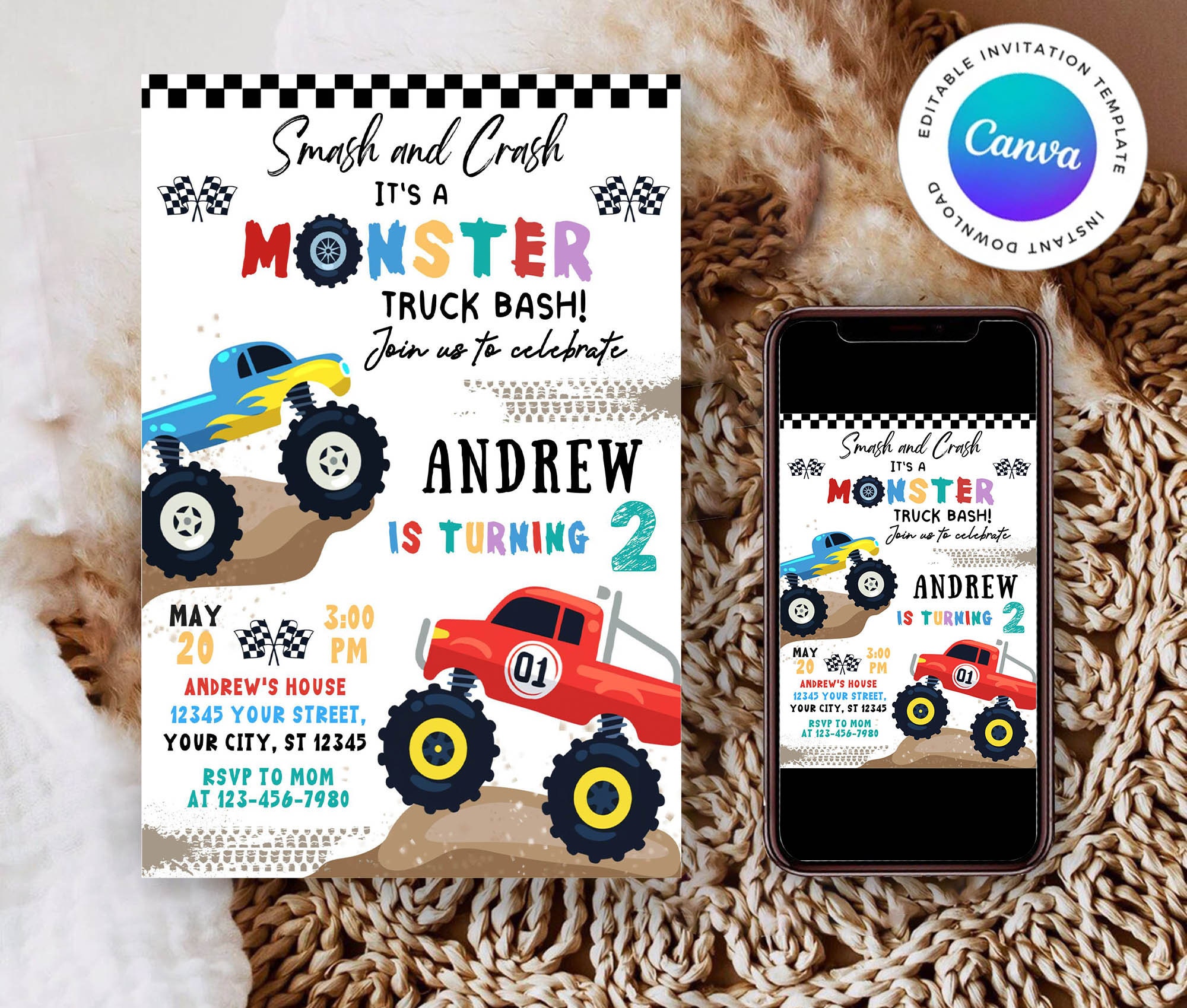 Editable Monster Truck Birthday Invitation Template, Printable Trucks ...