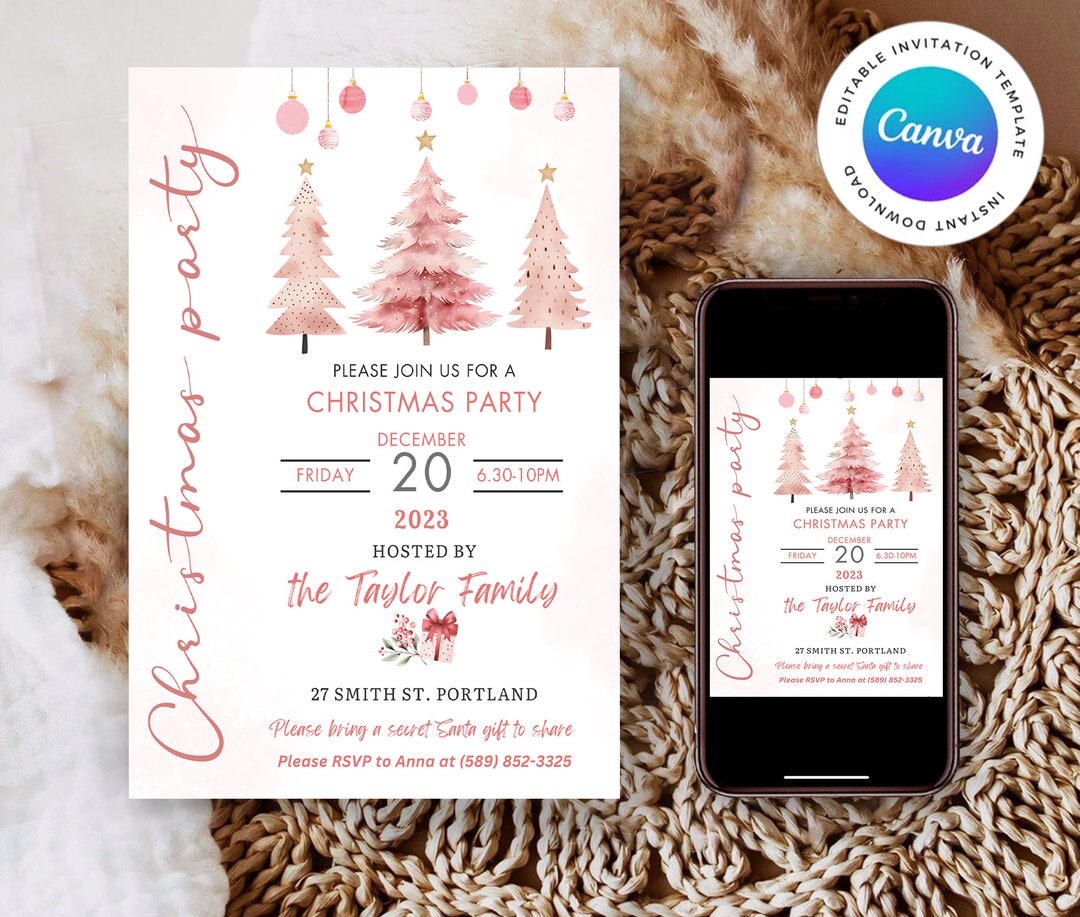 Editable Pink Christmas Party Invitation, Santa Christmas Party Instant ...