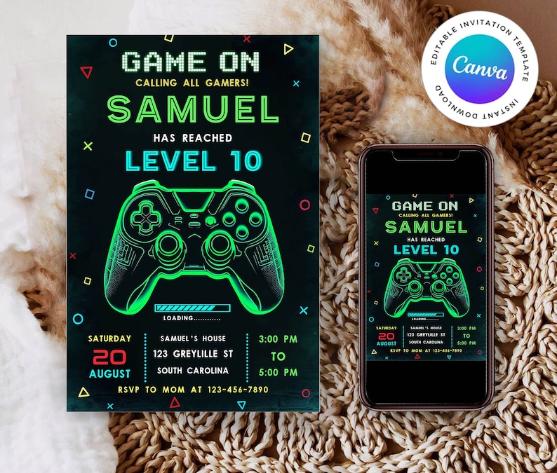 EDITABLE Video Game Party Invitation, Gamer Boy Birthday Invite, Green ...