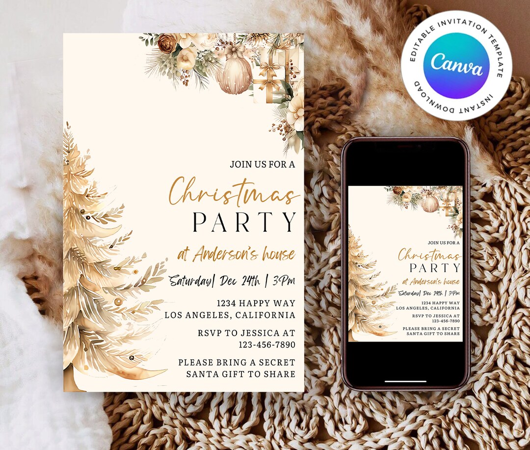 Christmas Party Invitation, Boho Christmas Party Invite, Christmas ...