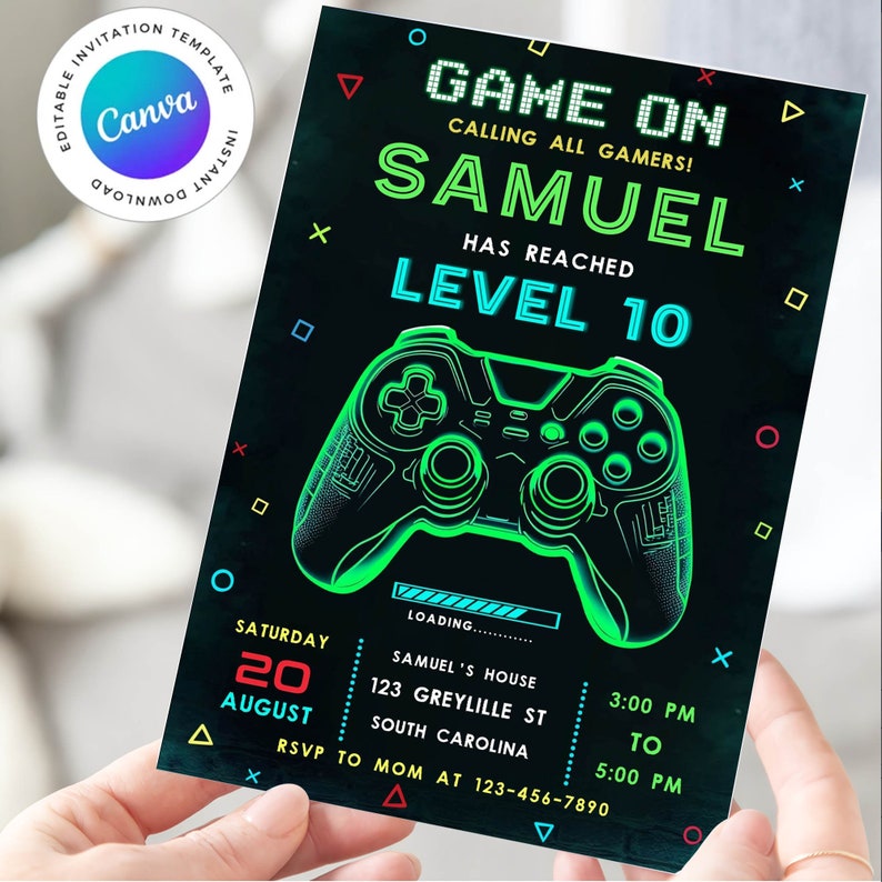 EDITABLE Video Game Party Invitation, Gamer Boy Birthday Invite, Green ...