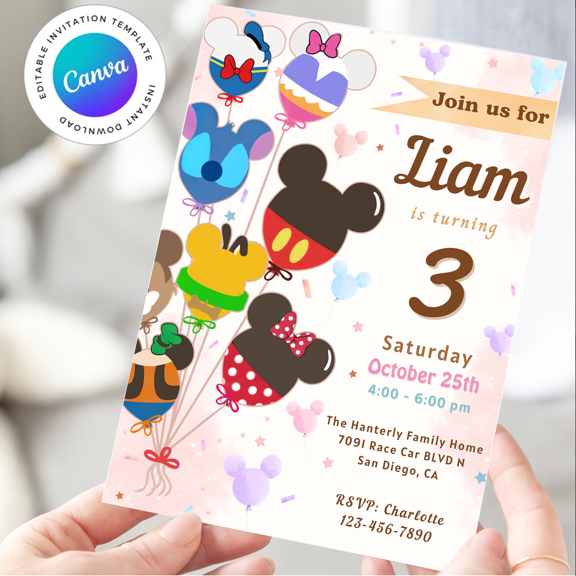 Editable Disneyland Birthday Girl Invitation, Mickey Balloon Invitation ...