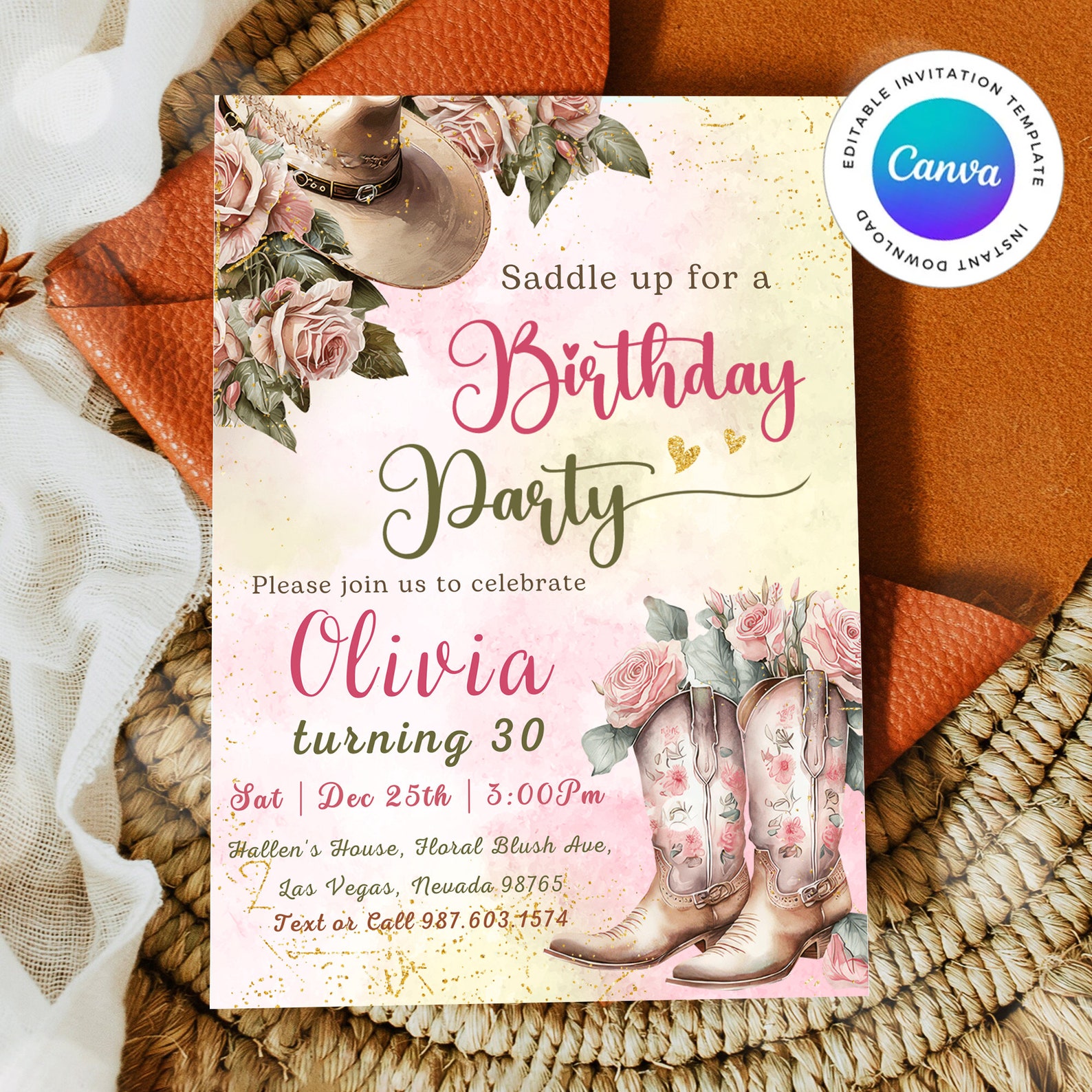 Editable Western Birthday Invitation, Cowgirl Boot Birthday Invitation ...