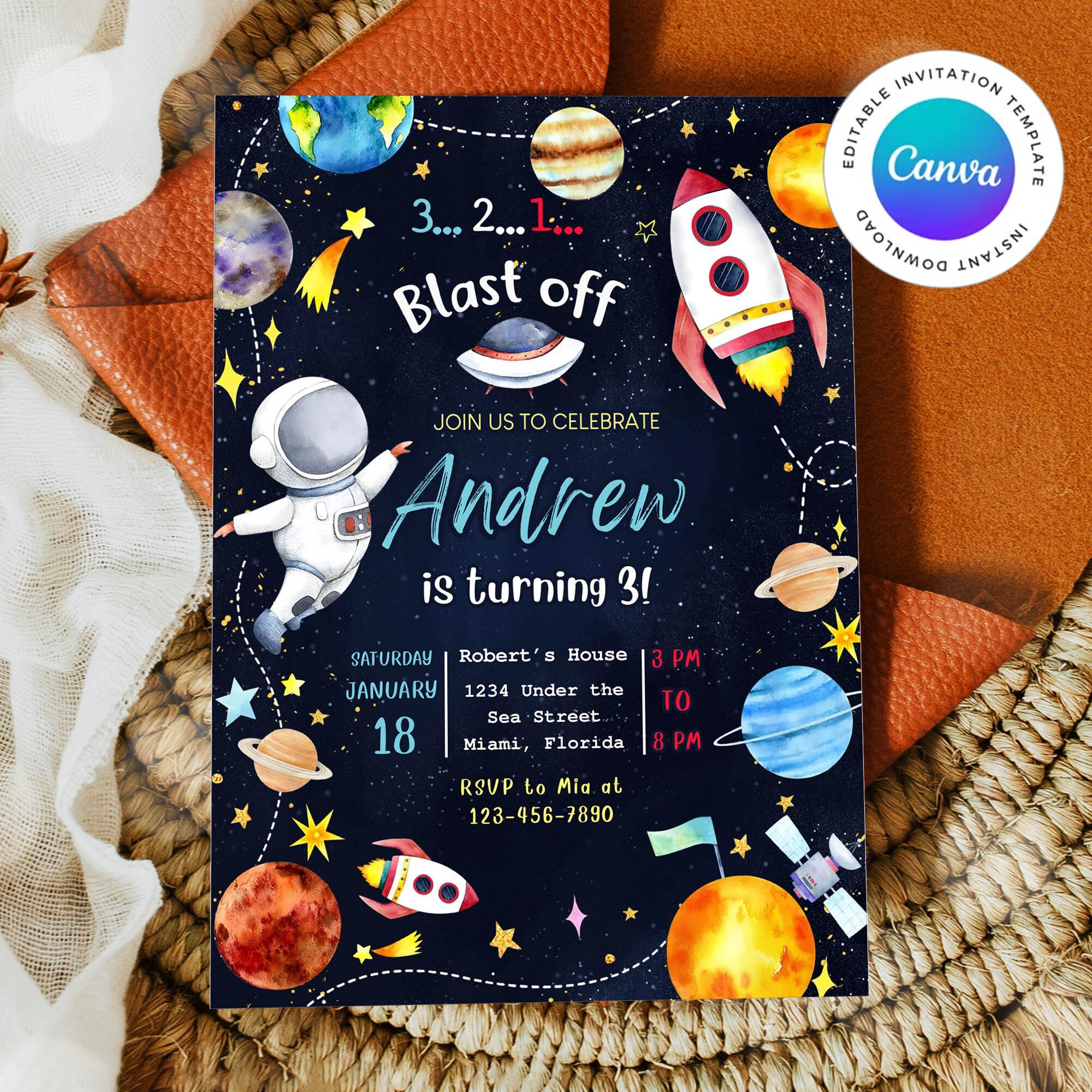 Outer Space Birthday Invitation Template, Planets Rocket Ship Astronaut ...