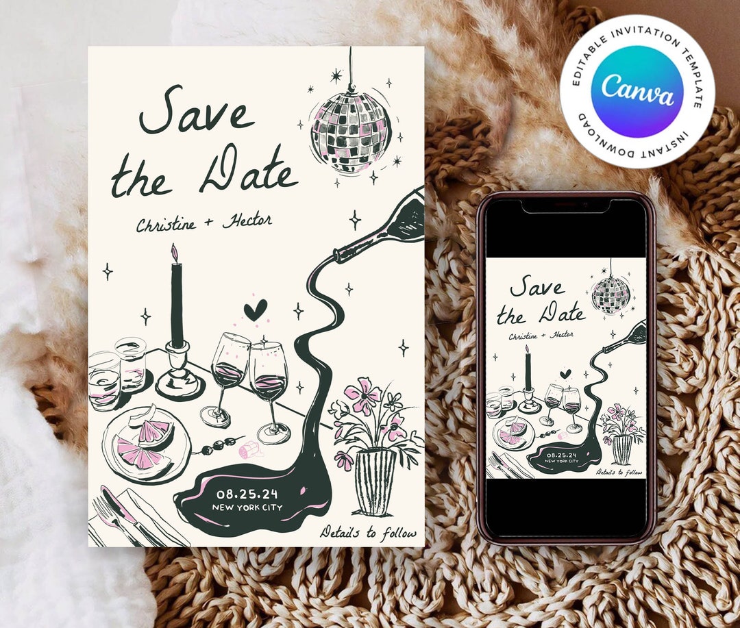 Hand Drawn Wedding Save the Date Template, Birthday Anniversary Dinner ...