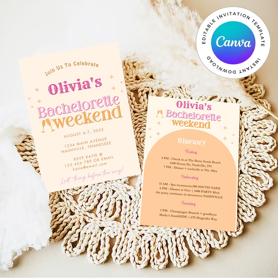Retro Bachelorette Invitation & Itinerary Template, Weekend Retro Party ...
