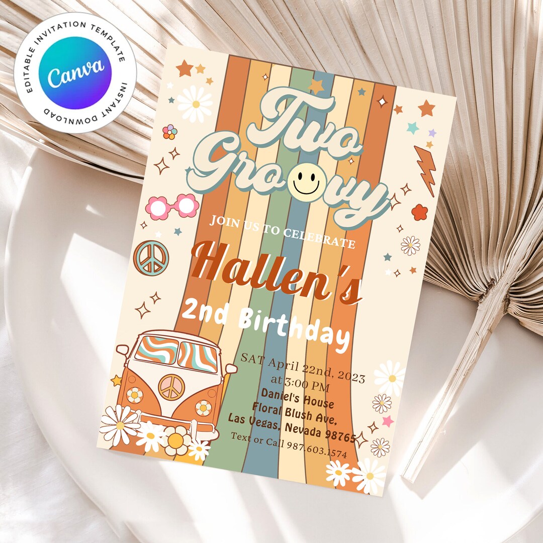 Editable TWO Groovy Birthday Invite Retro Two Groovy Invite - Etsy