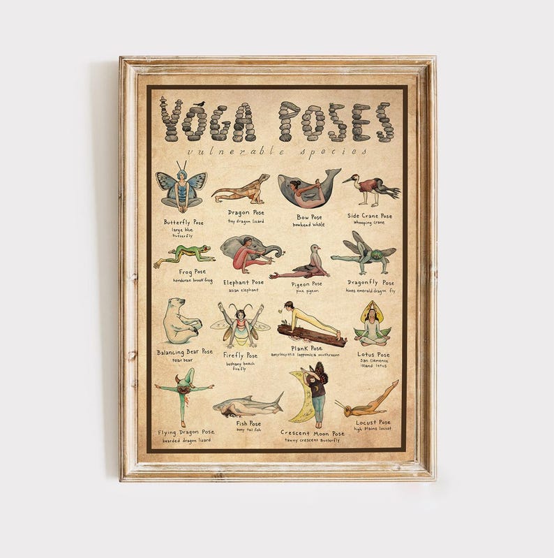 Yoga Poses Art Print Vintage Yoga With Animal Illustration Yoga Gift ...