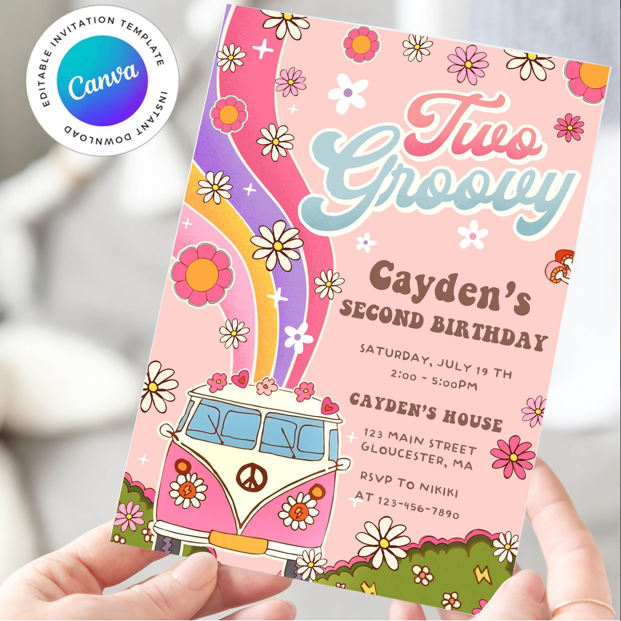 Editable TWO Groovy Girl Pink Peach Van Daisy Rainbow Groovy 2nd ...