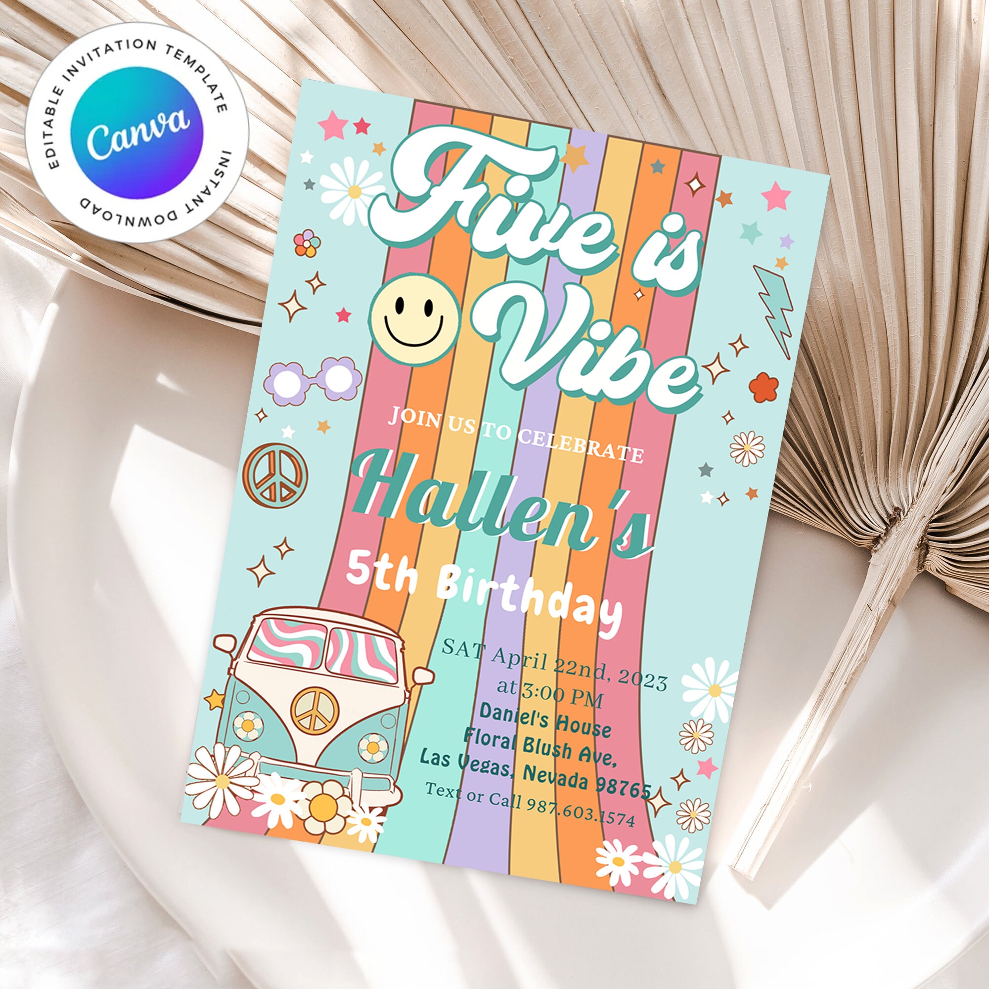 Editable Five is A Vibe Birthday Invite, 5th Groovy Birthday Invite ...
