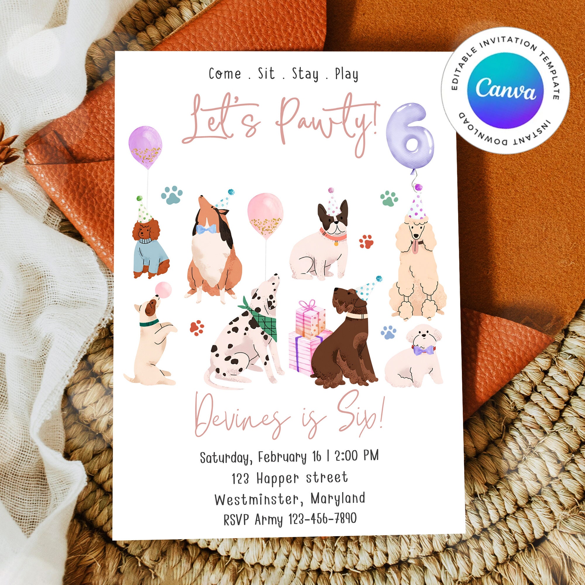 Editable Dogs Birthday Party Invitation, Puppy Pawty Invitation, Dog ...