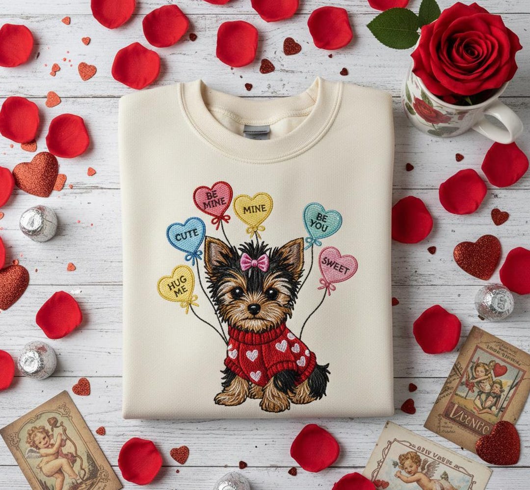 Custom Yorkie Valentine Illustration Cute Puppy Holding Heart Balloons ...