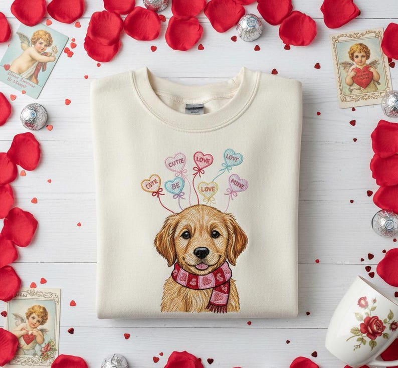 Custom Golden Retriever Valentine Illustration Cute Dog Love Balloon ...