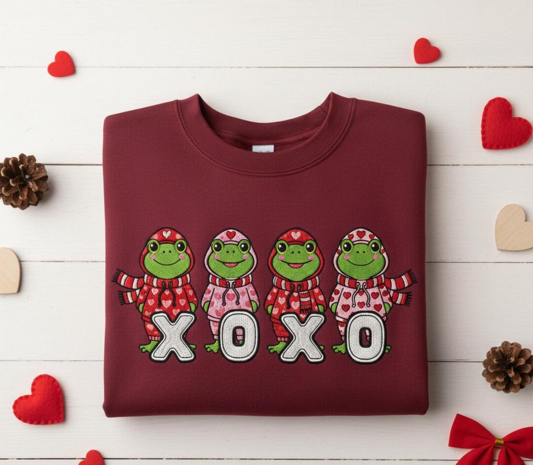 Custom Cute Frog XOXO Embroidered Sweatshirt Adorable Animal Love ...