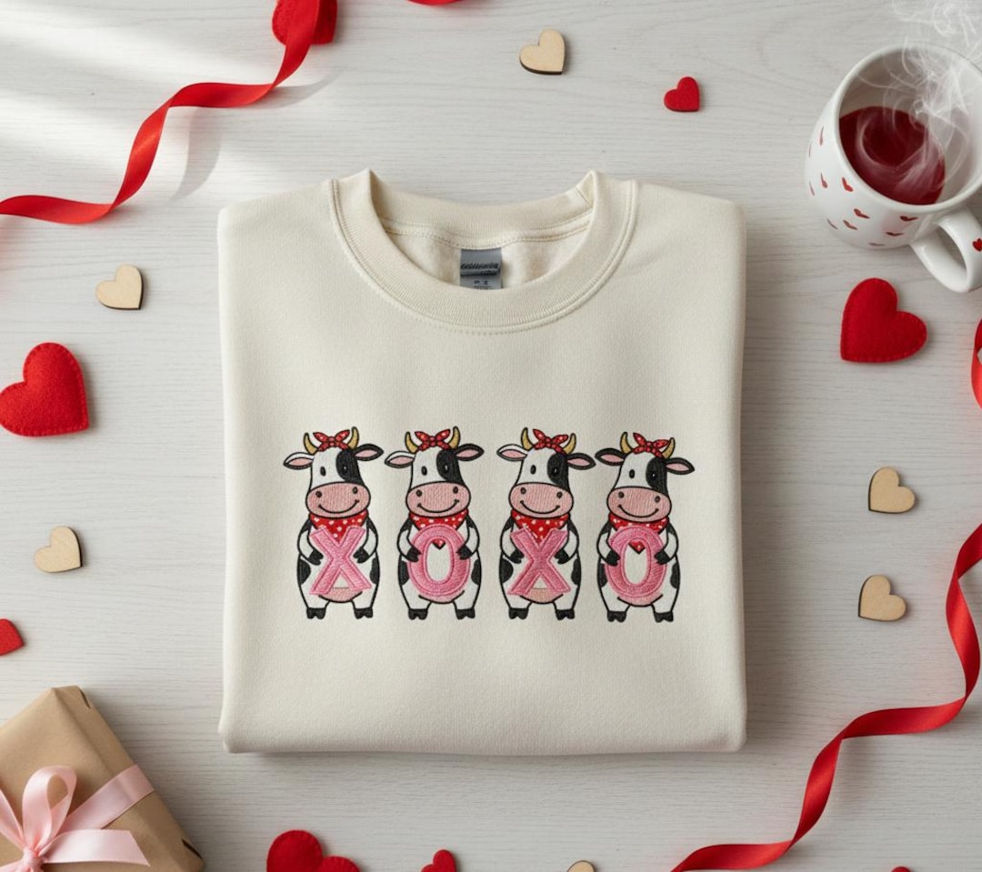 Custom Cute Cow XOXO Embroidered Sweatshirt Valentine Gift Farm Animal ...