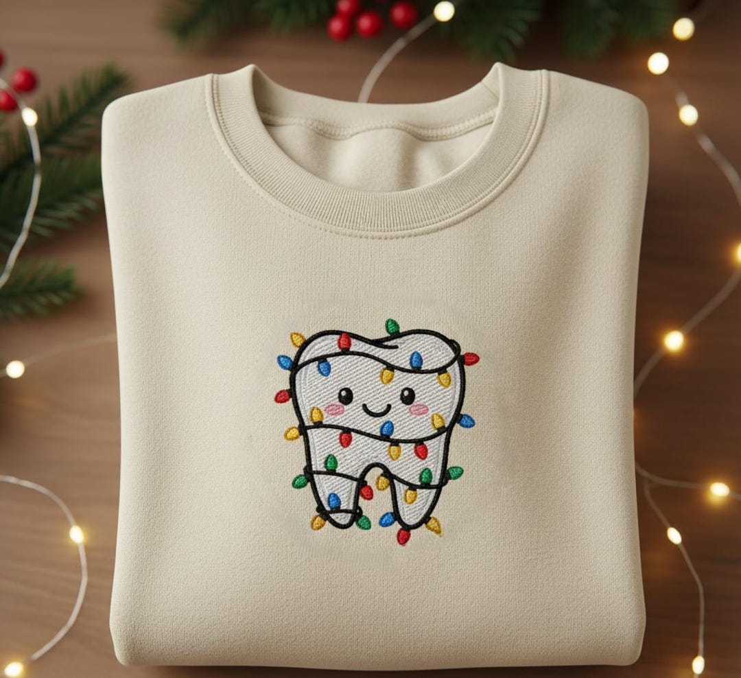Custom Embroidered Christmas Tooth Sweatshirt With Cute Holiday Lights ...