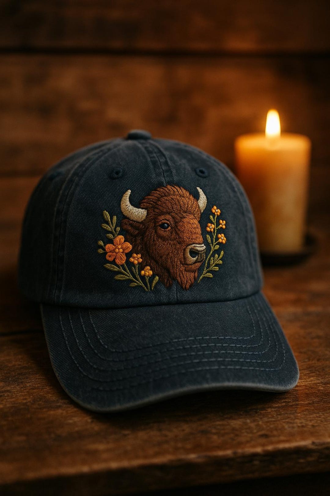 Bison Hat Embroidered Buffalo Cap, Animal Dad Hat With Floral Design ...