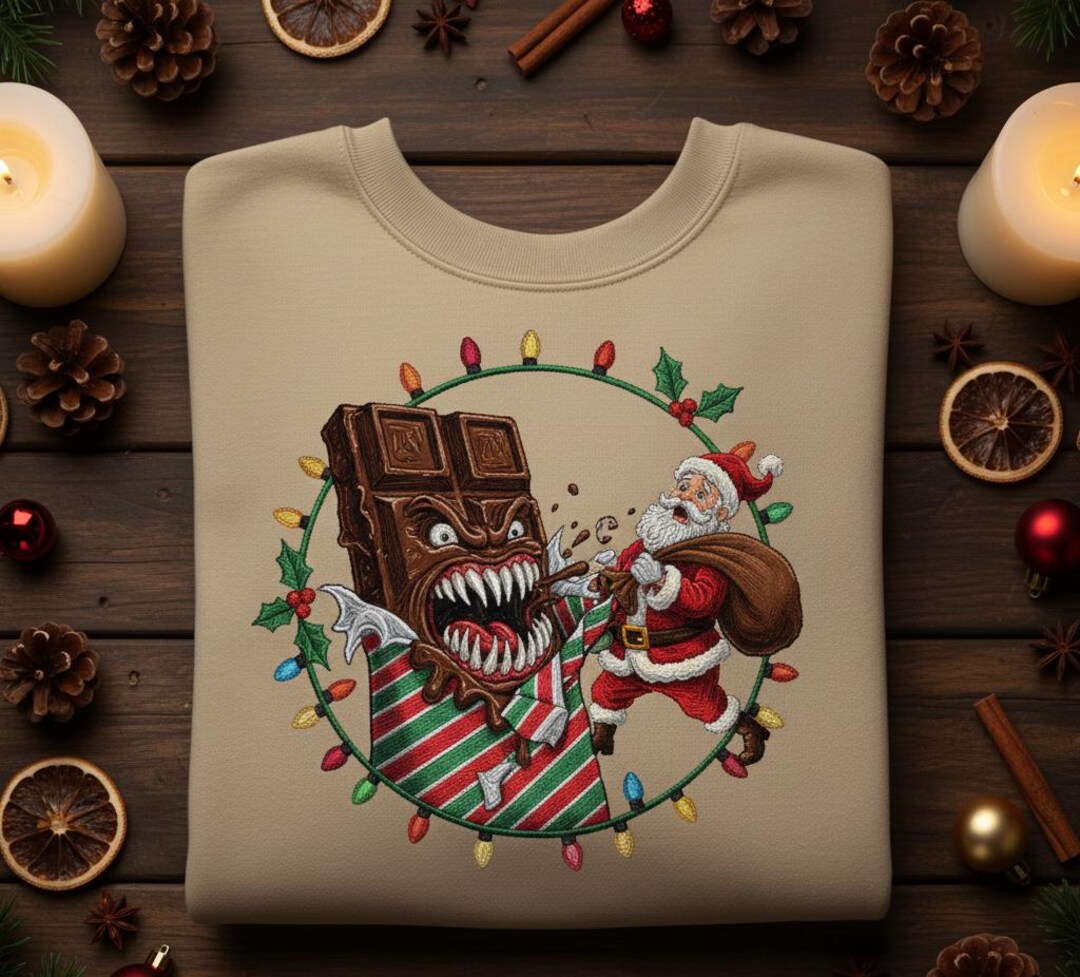 Funny Santa Vs Chocolate Monster Embroidered Christmas Sweatshirt ...