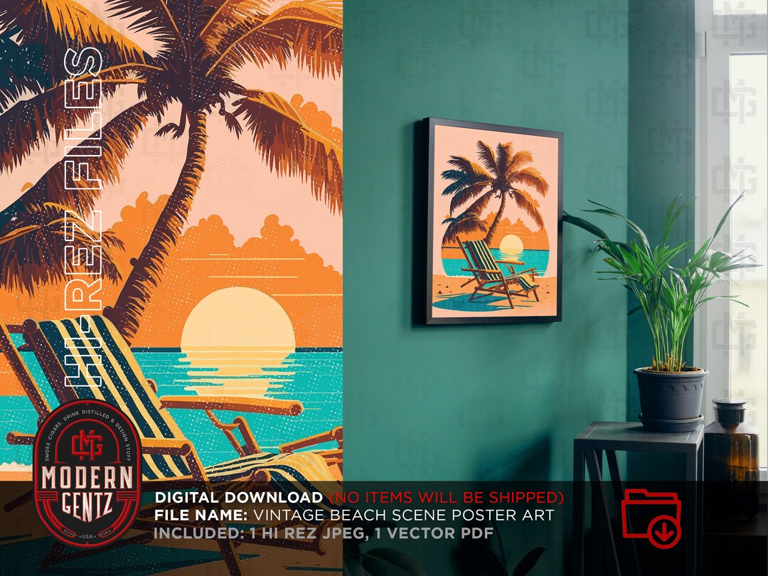 Buy Vintage Beach Scene Poster Art, Beach Lounge Chair, Ocean Sunset ...