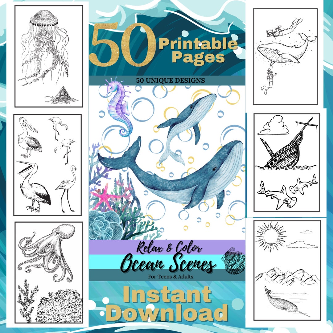 Relax and Color Ocean Scenes Printable Coloring Book for Teens and ...