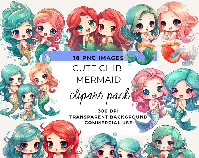 Cute Mermaid and Friends Clipart With Watercolor Digital Clipart Set ...