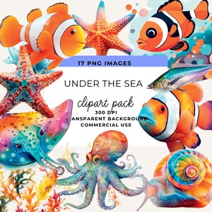 Watercolor Under the Sea Clipart, Octopus, Seaweed, Starfish , Squid ...