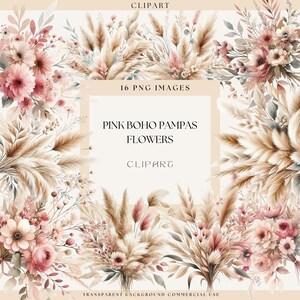 Boho Pink Flowers Clipart, Boho Floral Clipart, Boho Pink Wildflowers ...