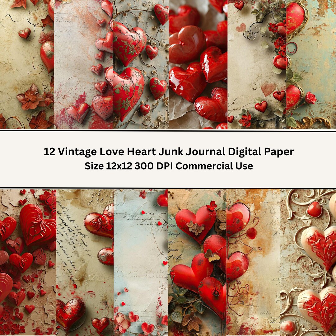 Vintage Love Digital Papers, Heart Digital Papers, Valentine Background ...