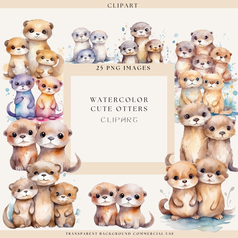 Watercolor Otter Clipart, Baby Otters, Sea Creatures, Watercolor ...