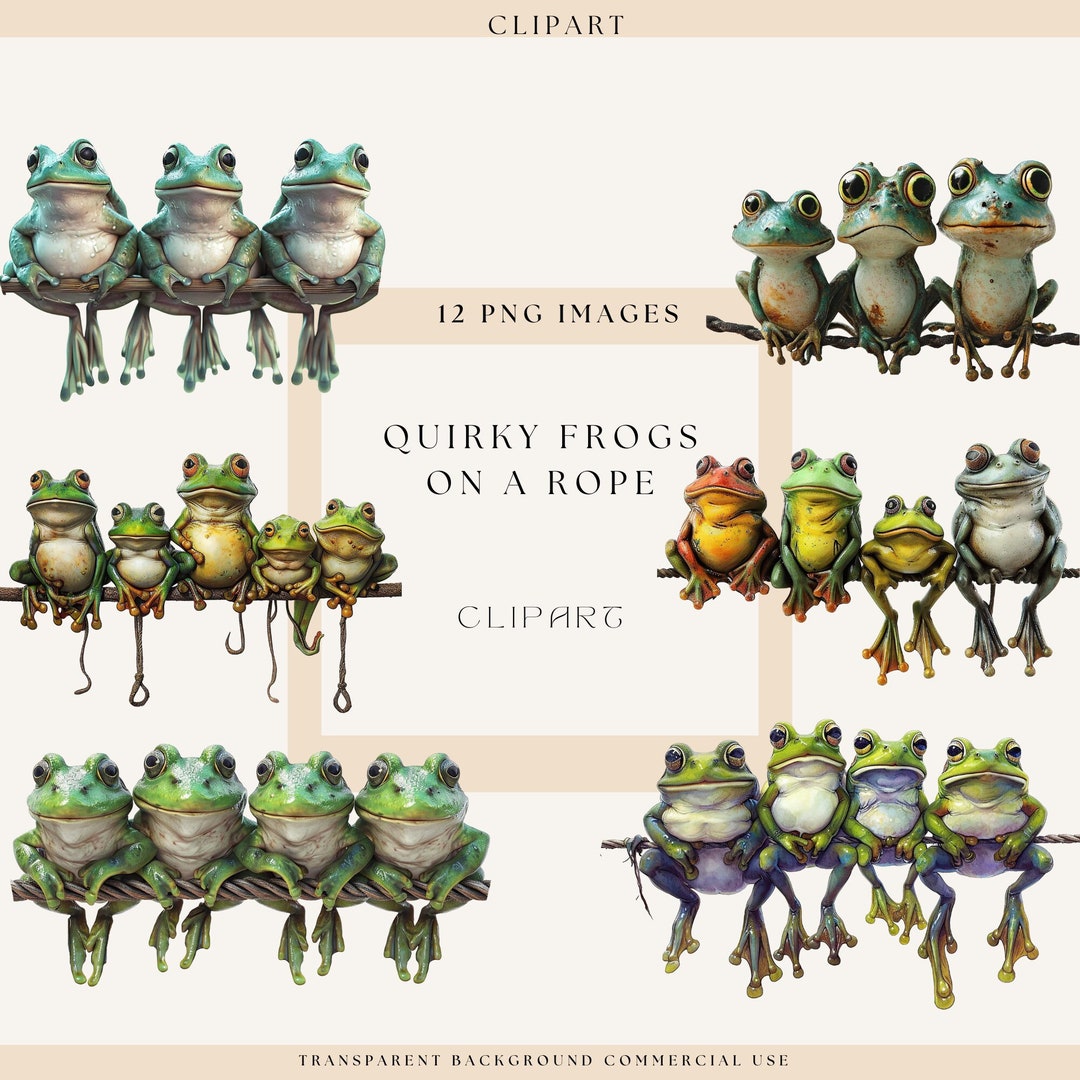 Whimsical Frog Clipart, Quirky Frogs, Frogs on A Rope Clip Art, Frog ...