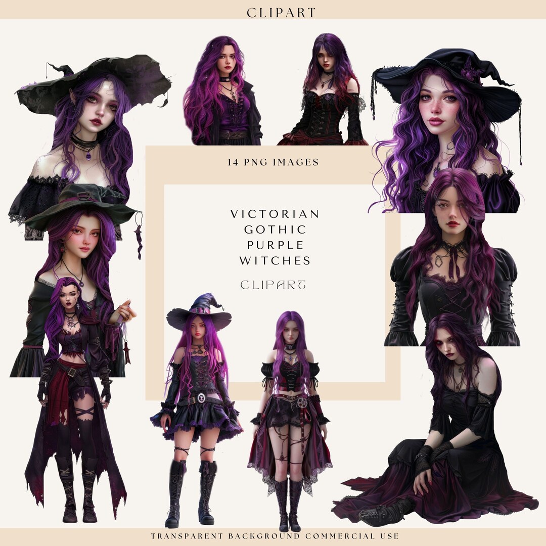 Victorian Gothic Purple Witches, Fantasy Clipart, Halloween Clipart ...