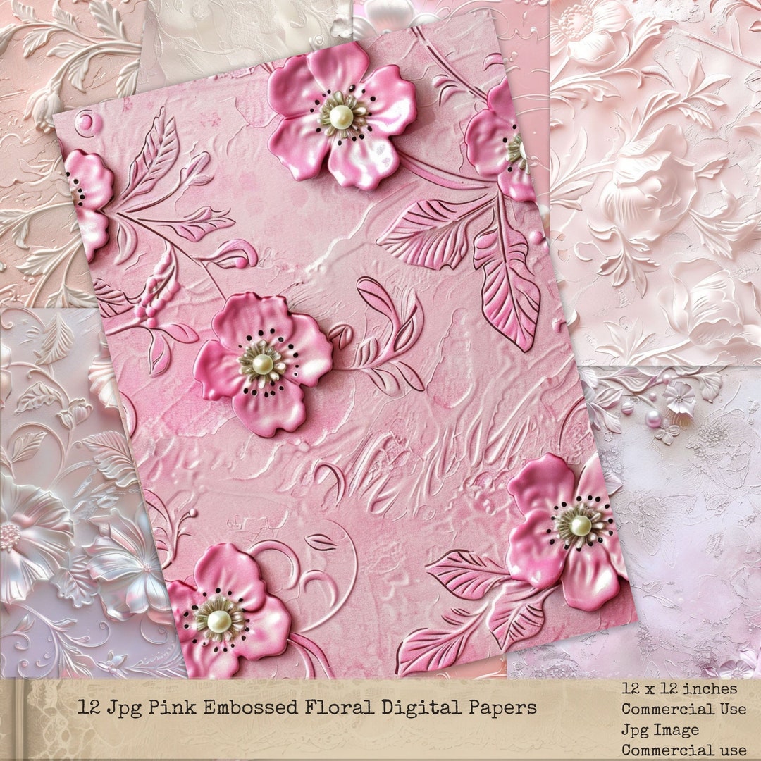 Pink Embossed Floral Digital Flower Papers, Digital Wedding Backgrounds ...