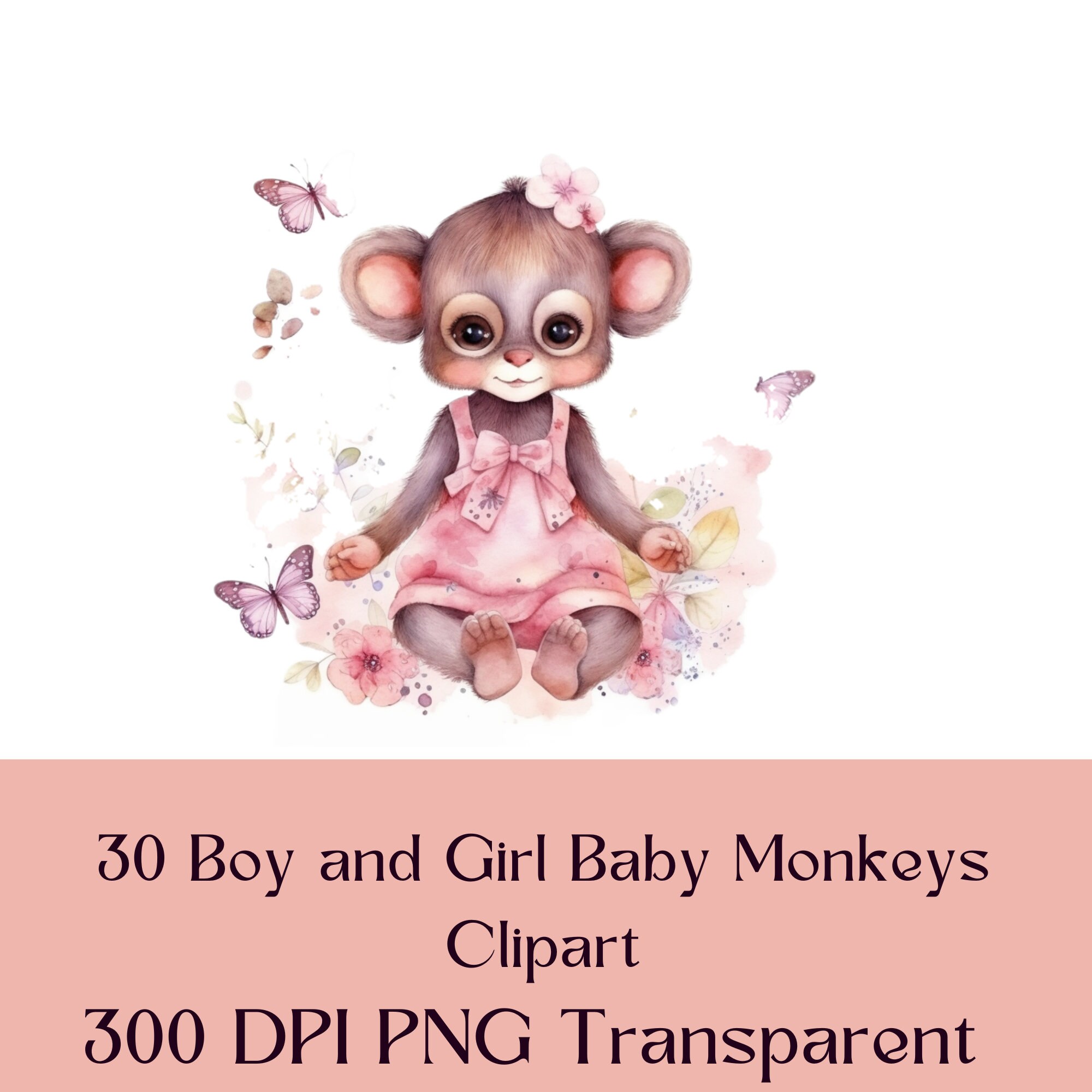 Cute Watercolor Baby Monkey Clipart Set, Monkey PNG, Baby Shower ...