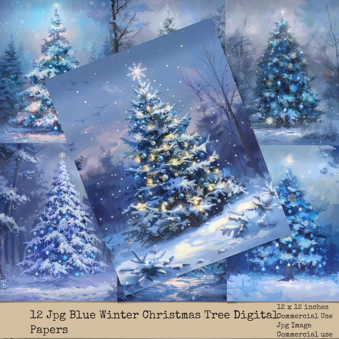 Blue Winter Christmas Tree Digital Papers, Blue Christmas Backgrounds ...