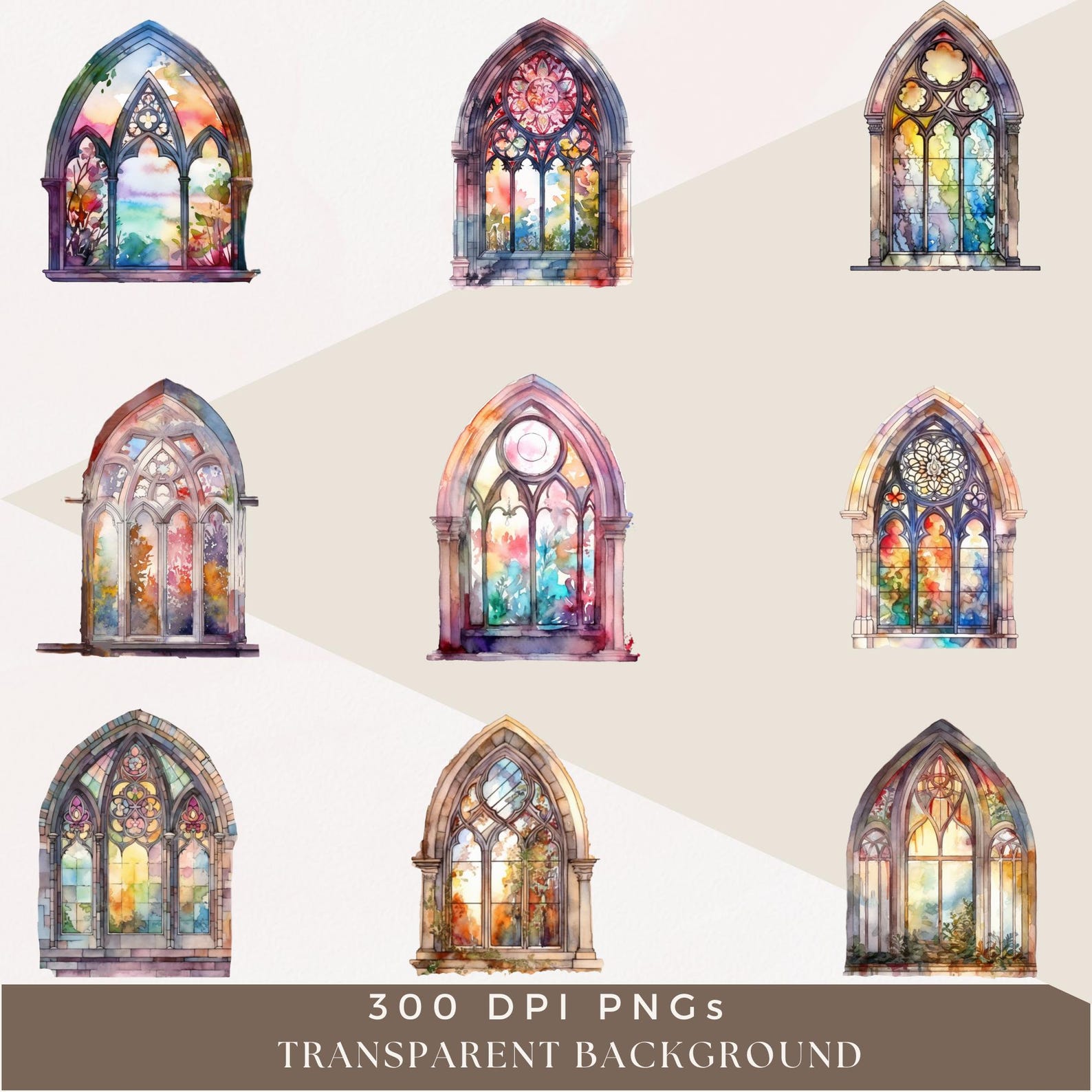 Stained-glass Windows Clipart, Watercolor Colorful Vintage Window With ...