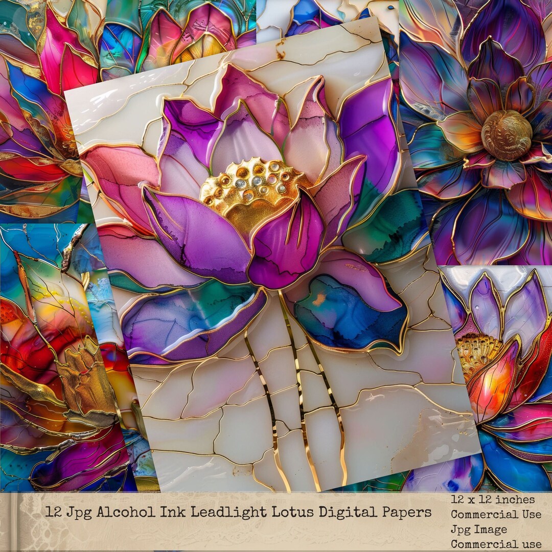 Printable Papers, Alcohol Ink Lotus Flower Digital Papers, Leadlight ...