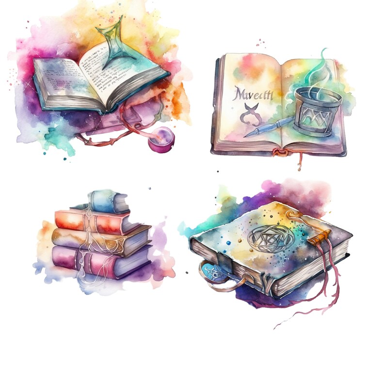 Mystical Spell Book Clipart Bundle, Watercolor Spell Books, Vintage Old ...