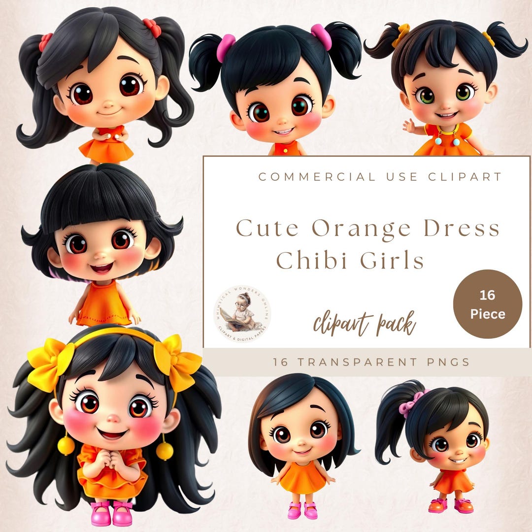 Orange Dress Chibi Girls Clipart, Chibi Girl Clipart, Digital Crafts ...
